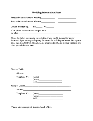 Fillable Online Wedding Information Sheet - minnehahacommunioncom Fax ...