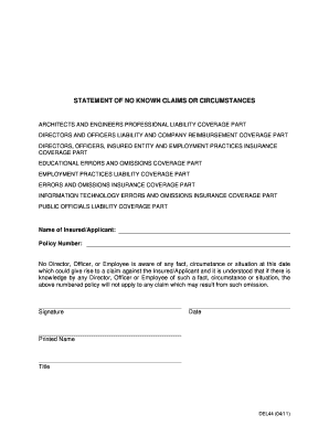 Fillable Online STATEMENT OF NO KNOWN CLAIMS OR CIRCUMSTANCES ...