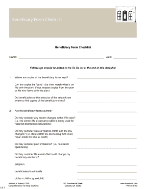 Fillable Online Beneficiary Form Checklist - bbrownwmbbcomb Fax Email ...