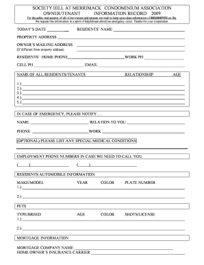 Fillable Online Owner Information Form Society Hill Owner Information ...