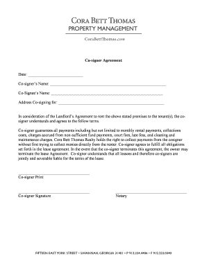Fillable Online Co-signer Agreement - Cora Bett Thomas Rentals Fax ...