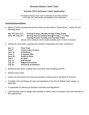 Fillable Online Braemar Blasters Swim Team Summer 2014 Swimmer Coach ...