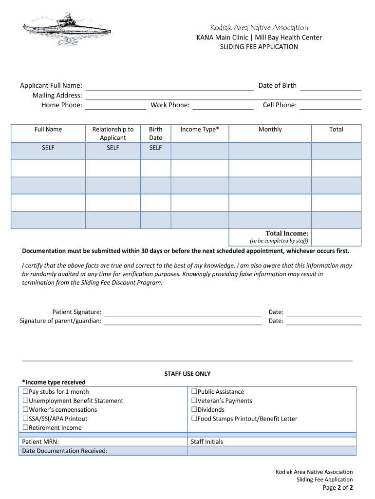 Fillable Online kodiakhealthcare Sliding Fee Application - Kodiak Area Native Association Fax ...