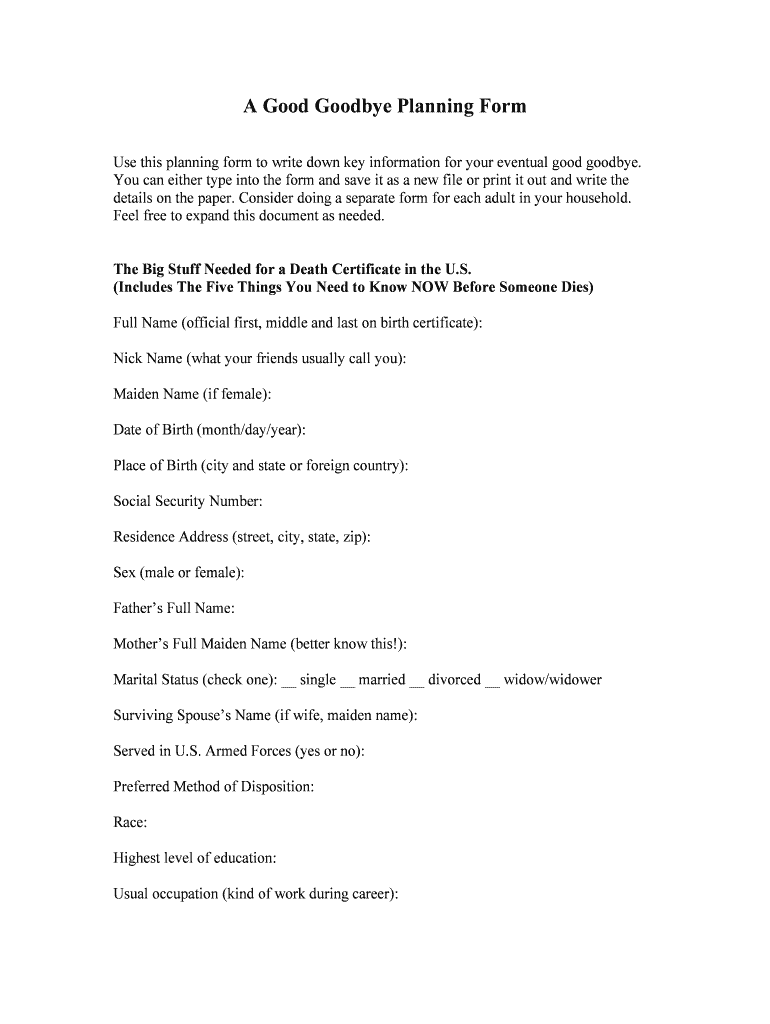 Fillable Online A Good Goodbye Planning Form.doc Fax Email Print ...