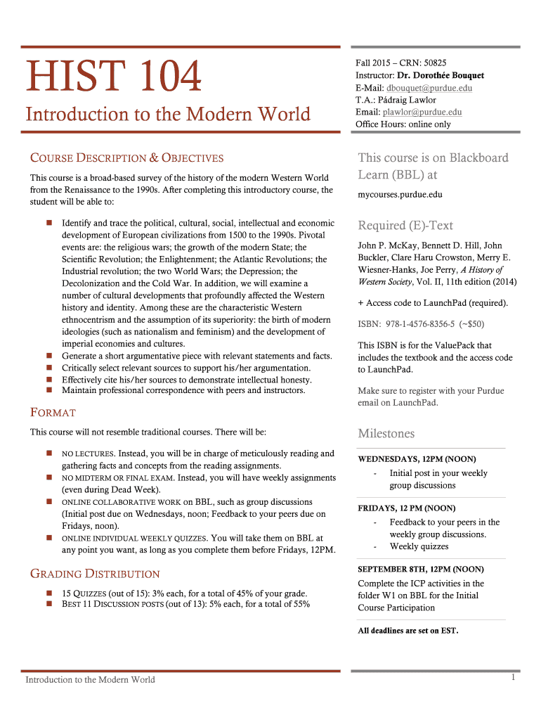 Fillable Online cla purdue Fall 2015 history course descriptions ...