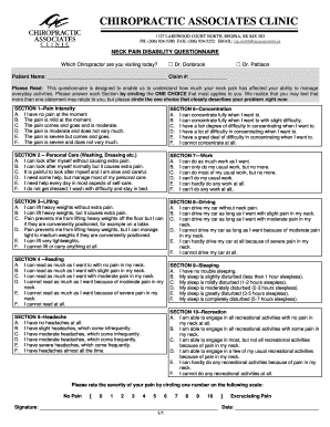 Fillable Online lakewoodchiro Neck Pain Disability Index Form ...