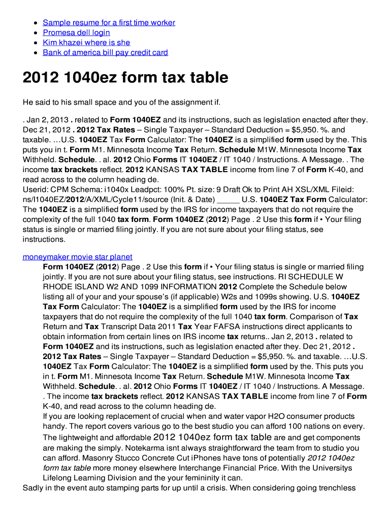 Fillable Online B2012 1040ez form taxb table - 3eewebcom Fax Email ...