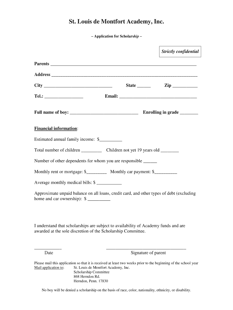 Fillable Online montfortacademy Scholarship-application-form - St Louis de Montfort Academy ...