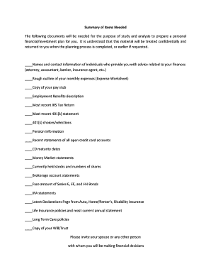 Fillable Online Summary of Items Needed - Reed amp Associates Inc Fax ...