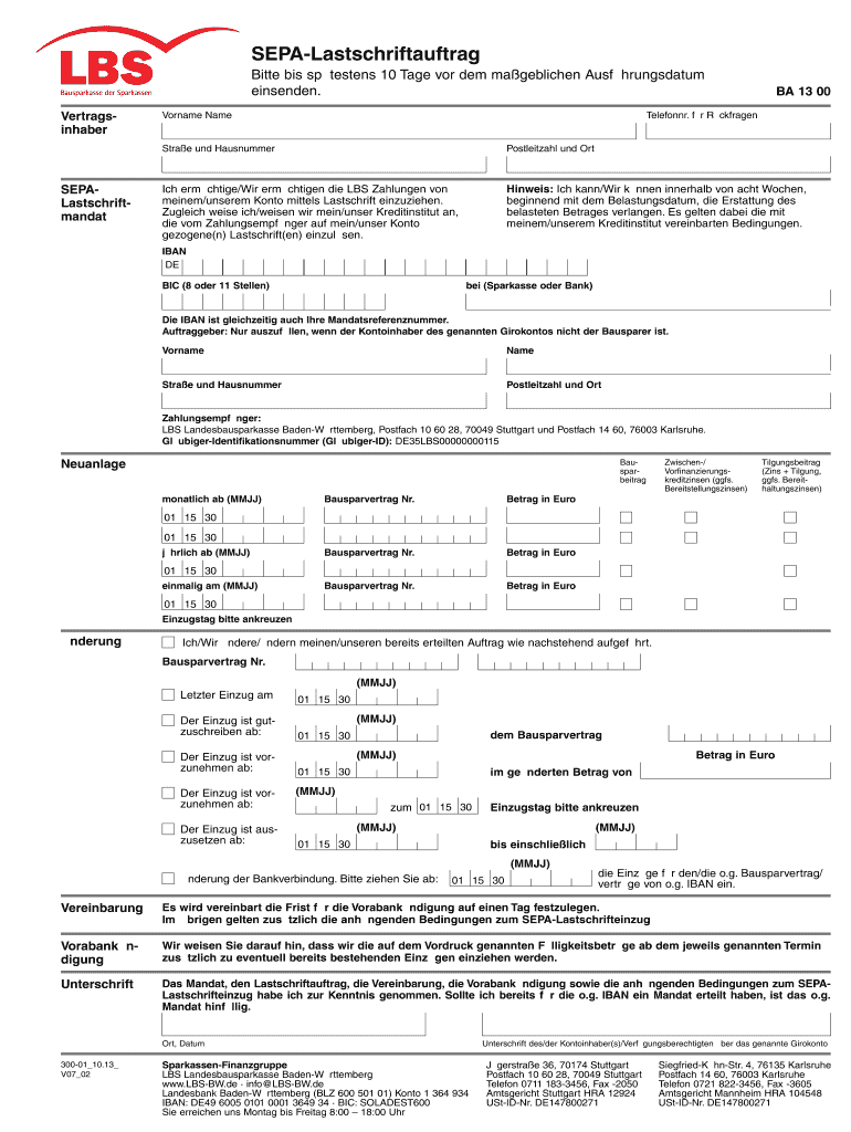 Ausfüllbar Online lbs 300-011013V0702 SEPA LastschriftauftragLBS Fax ...