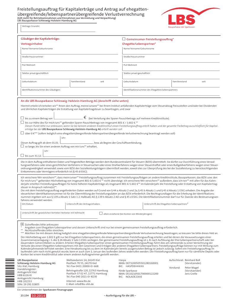 Ausfüllbar Online lbs Freistellungsauftrag f r Kapitalertr ge und ...