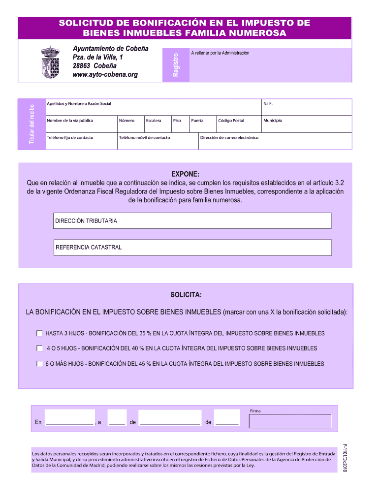 Fillable Online ayto-cobena Solicitud bonificaci n ibi familia numerosa - Ayuntamiento de Cobe a ...