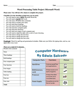 Fillable Online arbor piscatawayschools Word Processing Table Project ...