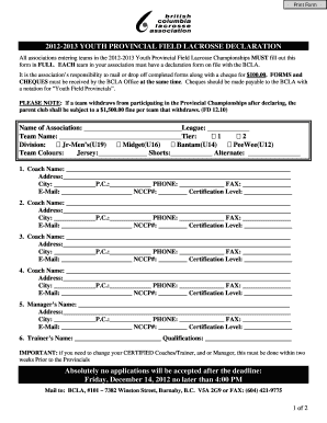 Fillable Online PROVINCIAL PLAYDOWN DECLARATION - Oceanside Lacrosse Fax Email Print - pdfFiller