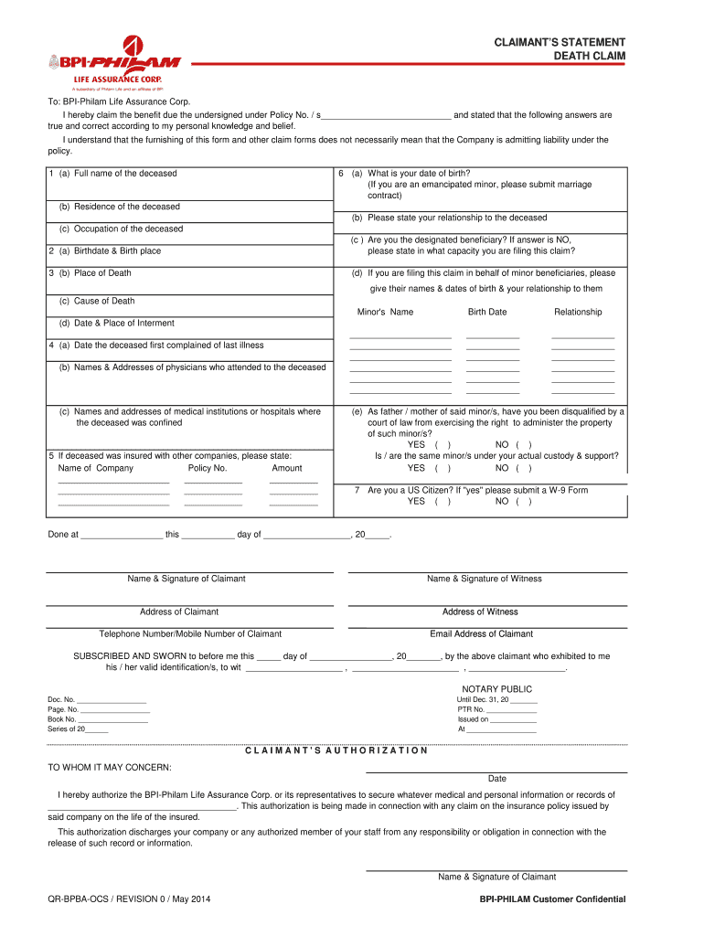 Fillable Online CLAIMANTS STATEMENT DEATH CLAIM - bbpib-bphilambbcomb ...