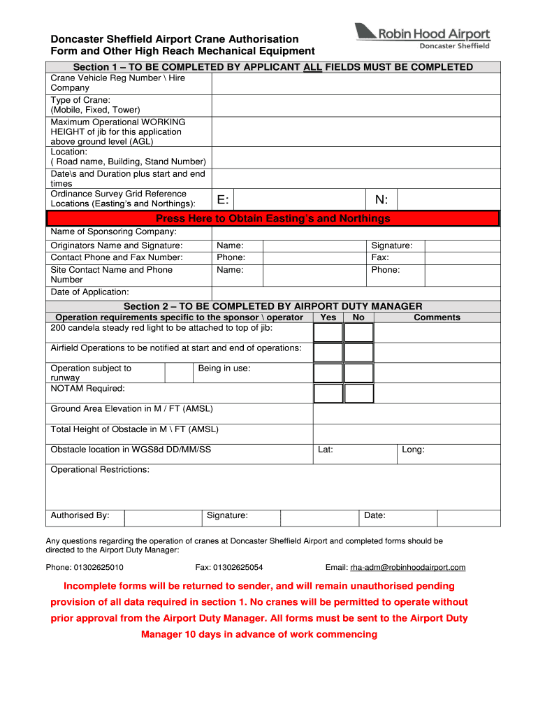 Fillable Online Doncaster Sheffield Airport Crane Authorisation Form ...