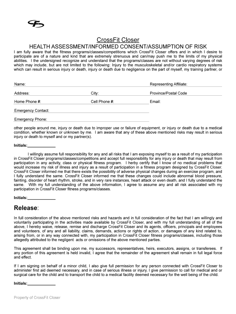 Fillable Online CrossFit Closer HEALTH ASSESSMENT/INFORMED CONSENT ...