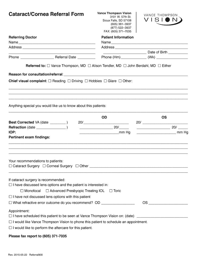 Fillable Online CataractCornea Referral Form Vance Thompson Vision Fax ...