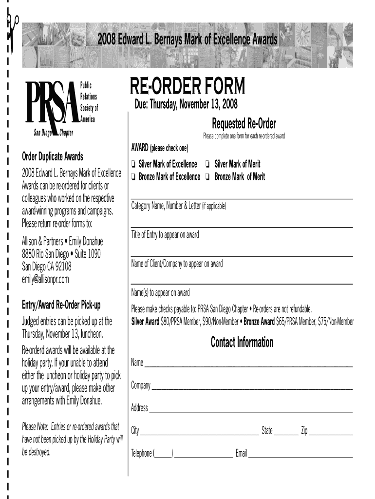 Fillable Online prsasandiego Re-ORdeR FORm - PRSA of San DiegoImperial ...