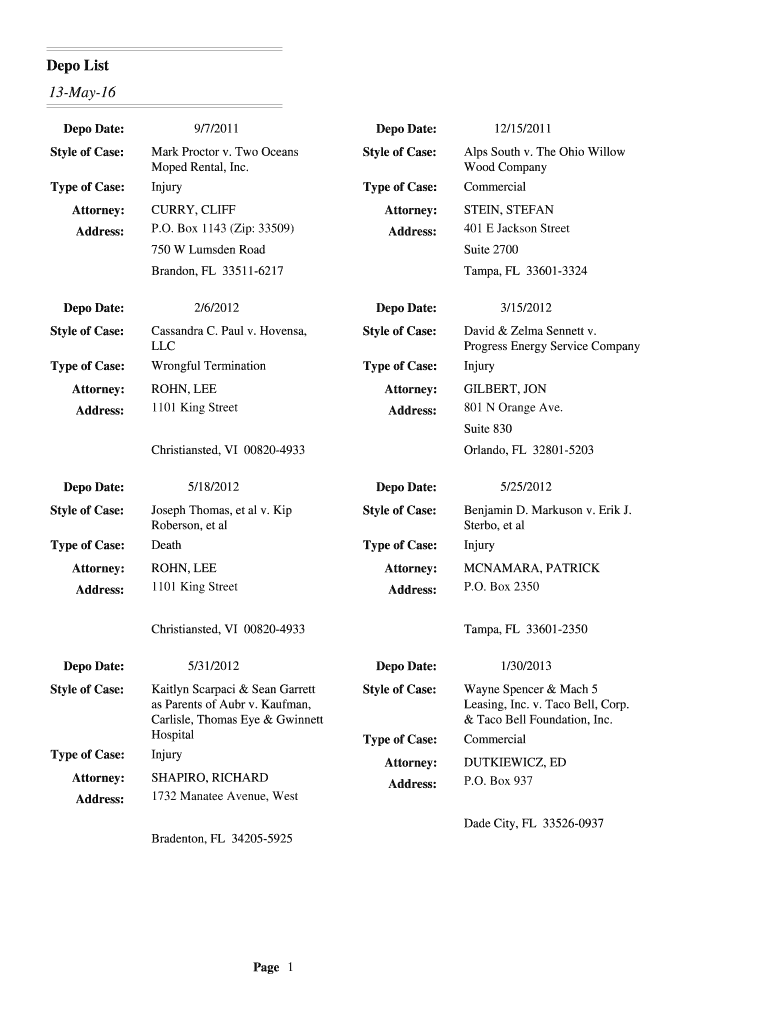 Fillable Online Depo List - hartley mellish Fax Email Print - pdfFiller