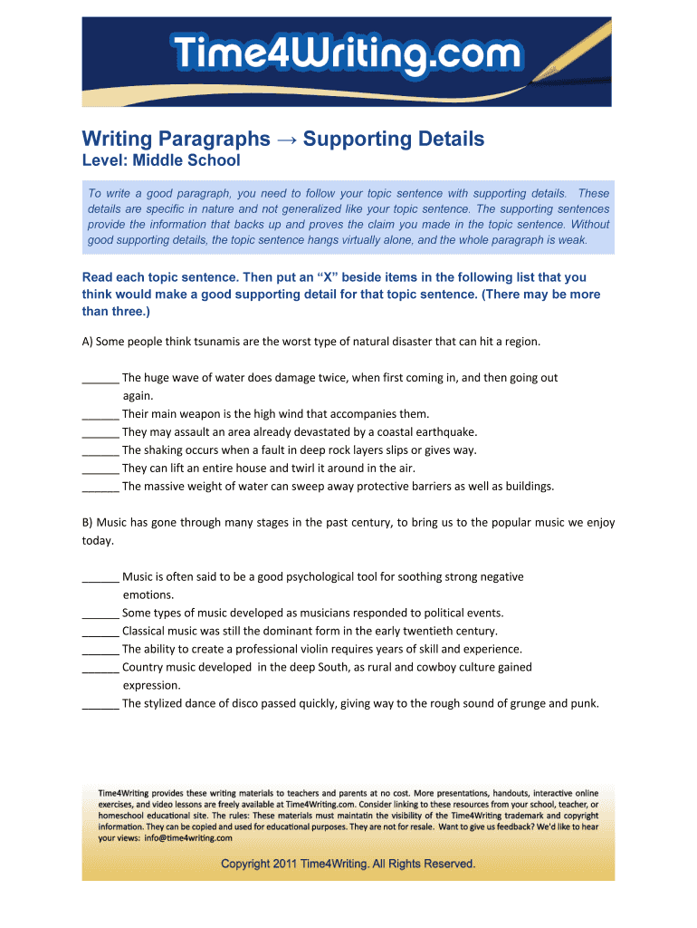 Fillable Online Writing Paragraphs ? Supporting Details - Time4Writing ...