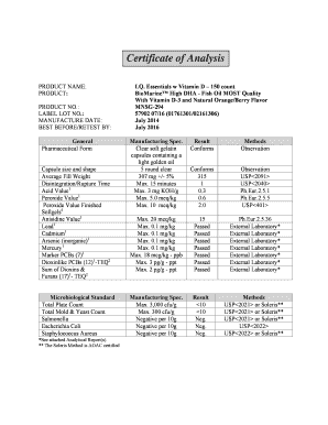 Fillable Online Certificate of Analysis - Purity Products Fax Email ...