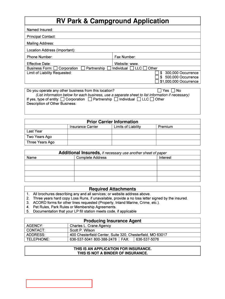 Fillable Online RV Park amp Campground Application - Best Shot ...