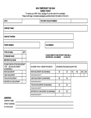 Fillable Online Mva temporary tag bag order ticket address ...