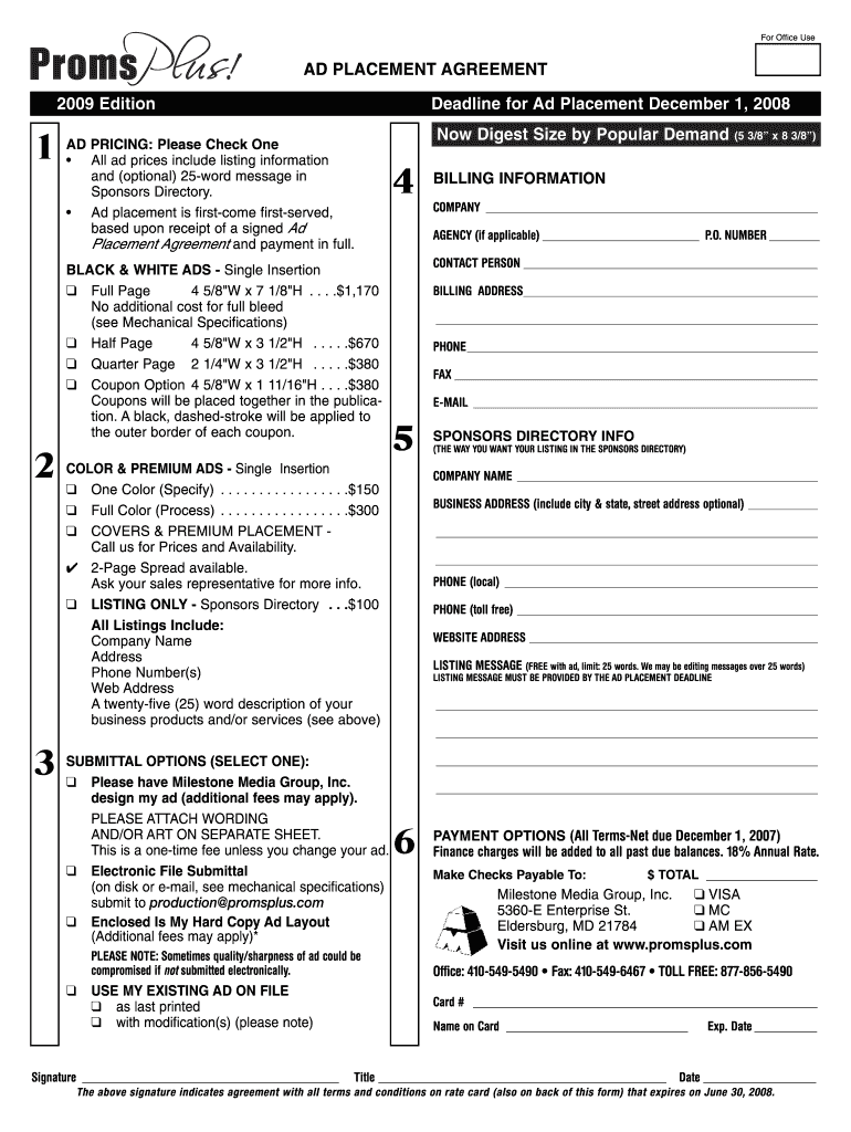 Fillable Online Proms Plus Ad Placement 04 Milestone Media Group Inc ...