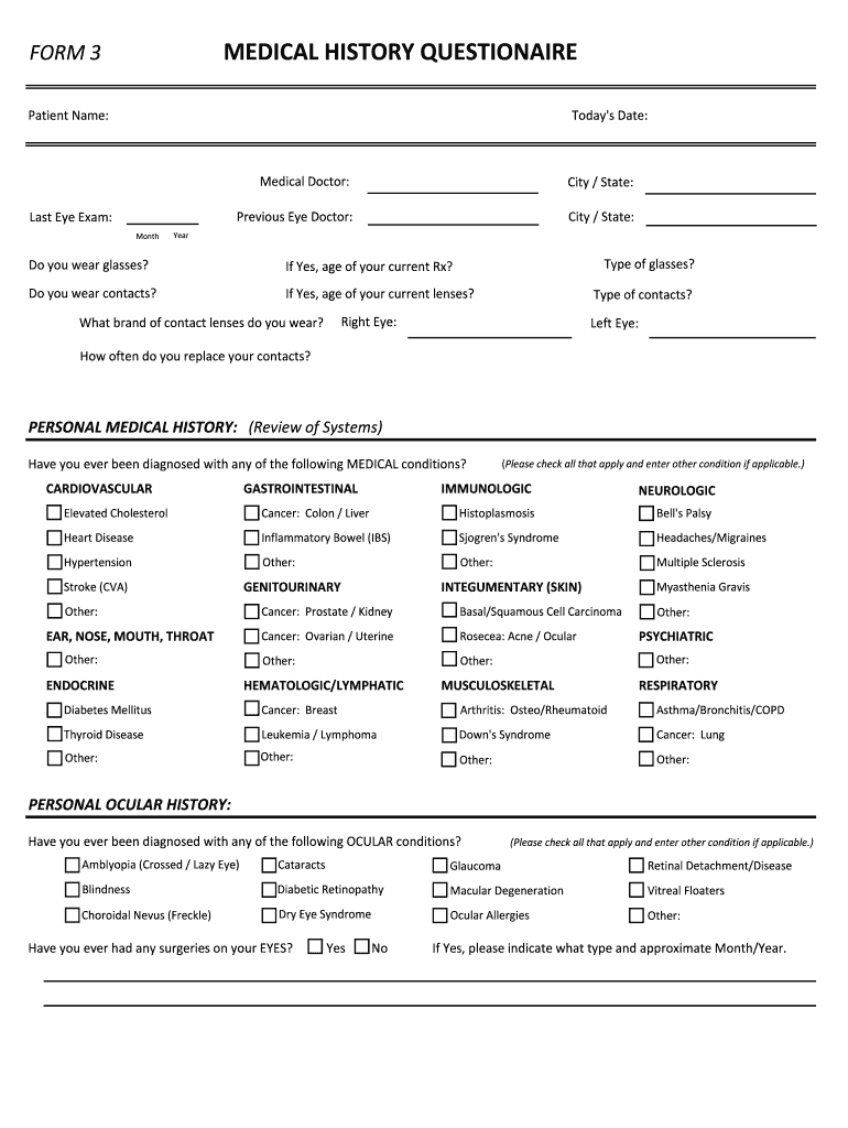 Fillable Online FORM 3 Patient Medical History ...