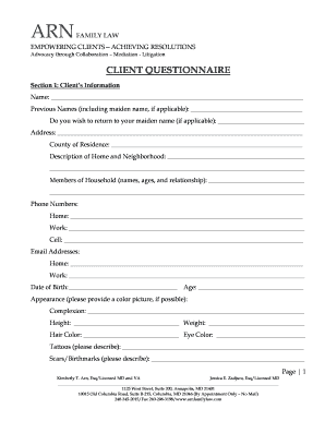 Fillable Online CLIENT QUESTIONNAIRE - Arn Family Law Fax Email Print ...