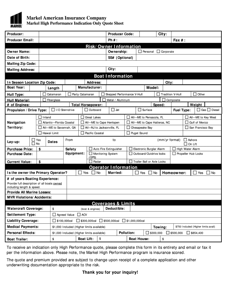 Fillable Online Markel American Insurance Company Markel High ...