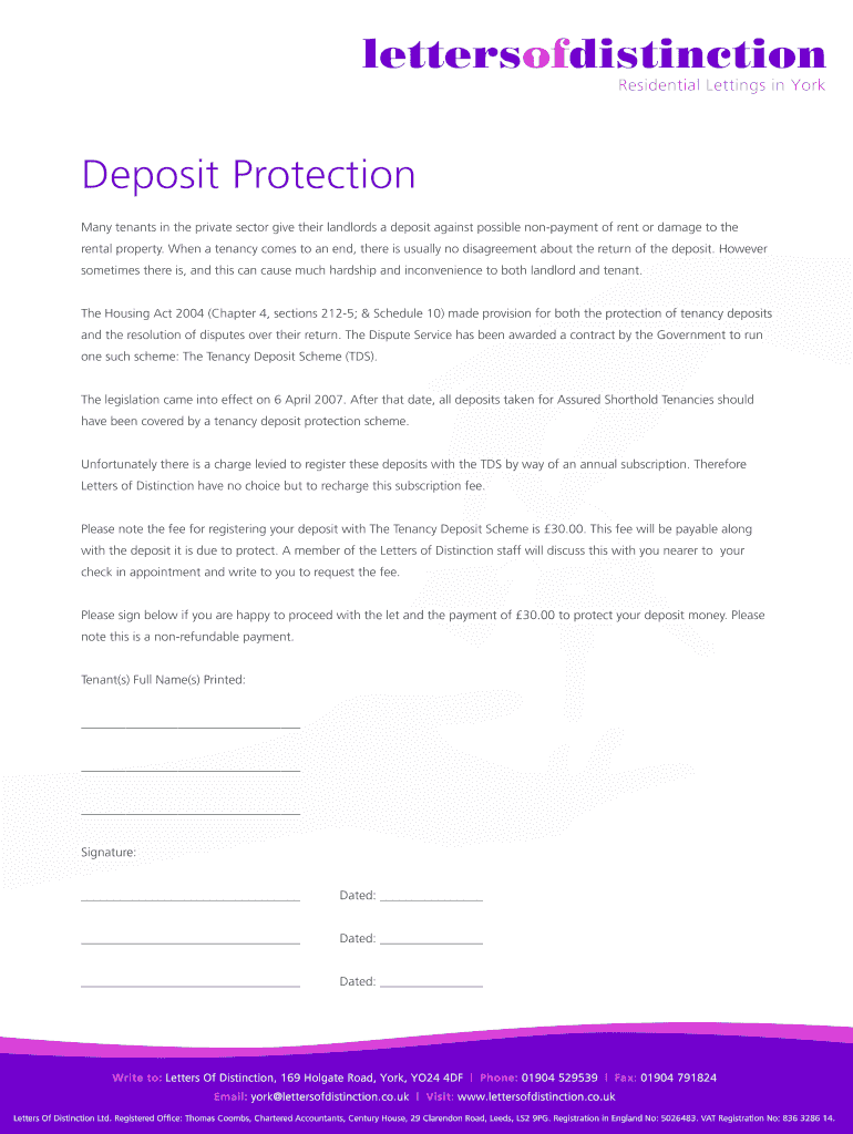 Fillable Online Deposit protection form - Letters of Distinction Fax ...