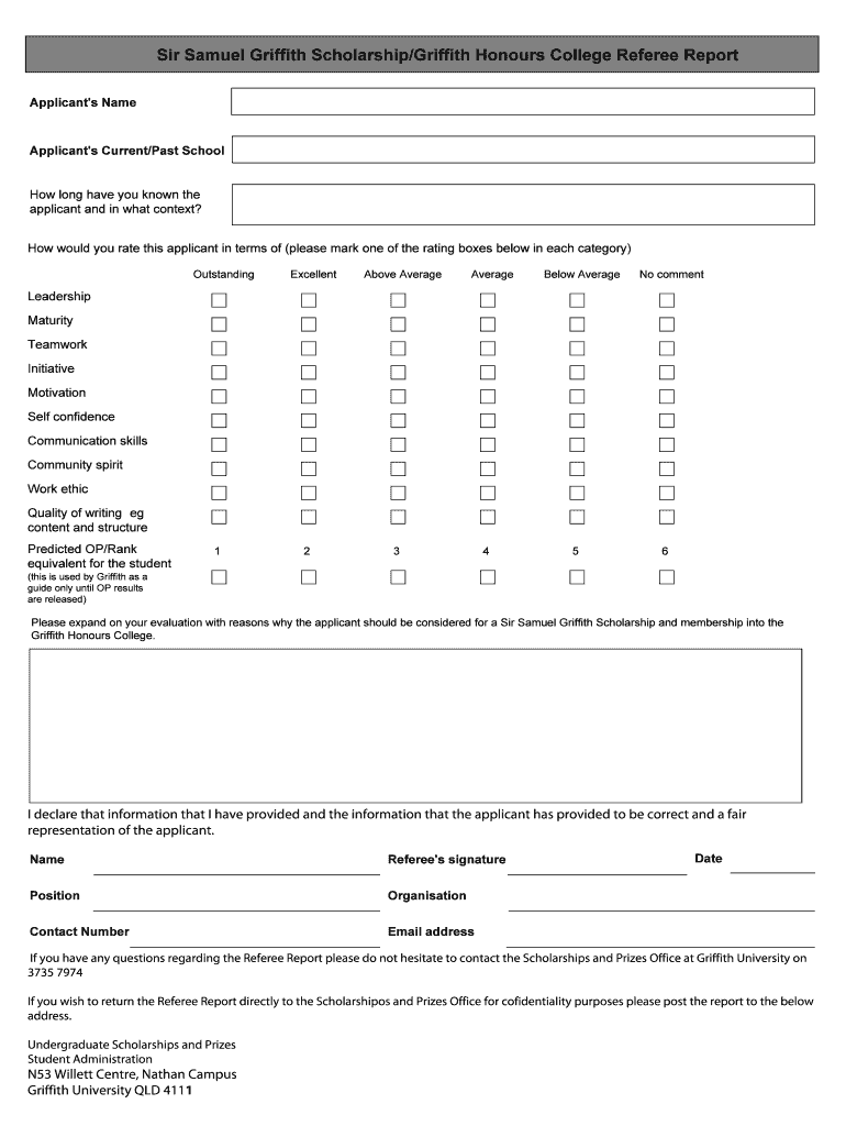 Fillable Online app secure griffith edu Sir Samuel Griffith Scholarship/Griffith Honours College ...