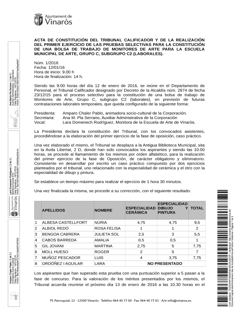 Fillable Online vinaros Ana Mara Pla Serrano ( 1 de 3 ) Auxiliar Administrativa Governaci Data ...