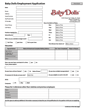 Fillable Online Baby Dolls Employment Application Fax Email Print ...