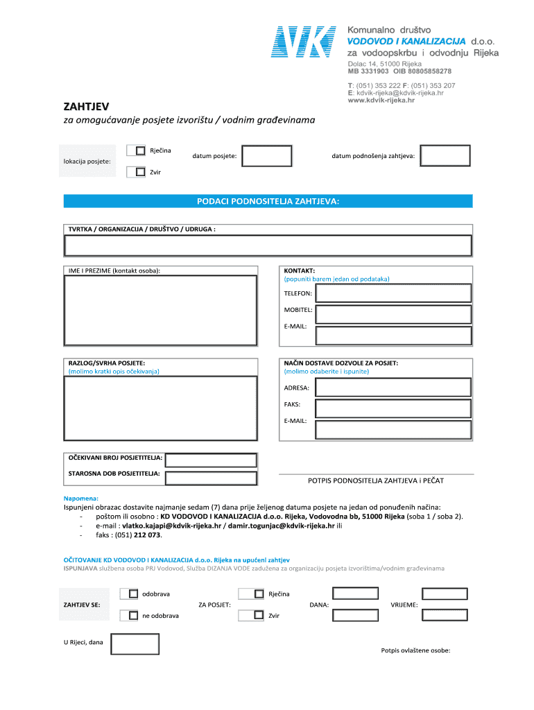 Fillable Online kdvik-rijeka Posjet izvoritima za javnu vodoopskrbu ZVIR i RJEINA Fax Email ...