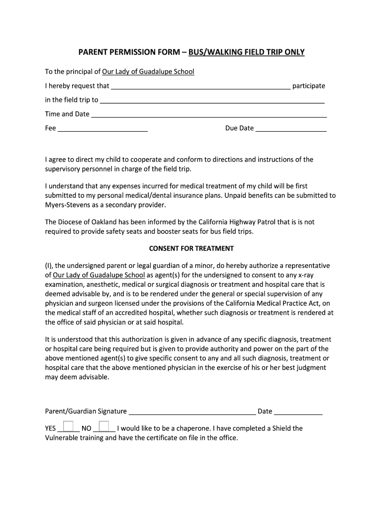 Fillable Online olgweb Field Trip Parent Permission bFormb BusWalking Field Trip Only Fax Email ...