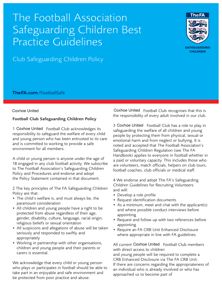 Fillable Online coxhoeunited co The Football Association Safeguarding ...