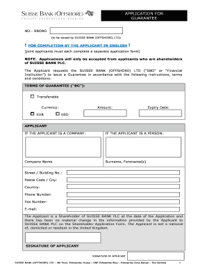 Fillable Online APPLICATION FOR GUARANTEE NO Fax Email Print - pdfFiller