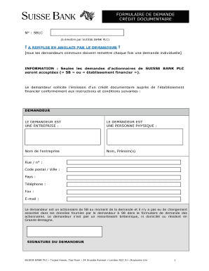 Fillable Online FORMULAIRE DE DEMANDE CRDIT DOCUMENTAIRE N : SBLC ...
