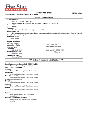 Fillable Online Safety Data Sheet SDS ID 820038 FIVE STAR SELECT MOTOR ...