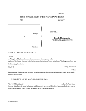 Fillable Online Bond of Indemnity to Sheriff on Replevin Superior Court ...