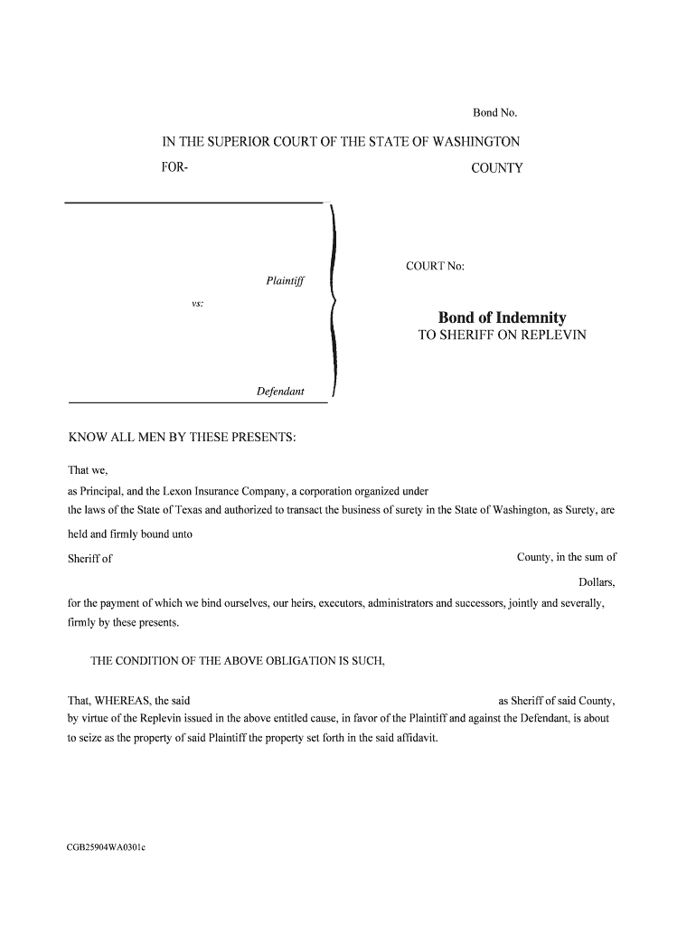 Fillable Online Bond of Indemnity to Sheriff on Replevin Superior Court ...