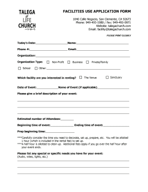 Fillable Online Facilities Use Application Form - Community Outreach ...