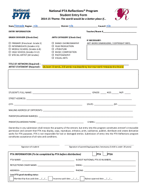 Fillable Online National PTA Reflections Program Student Entry Form ...