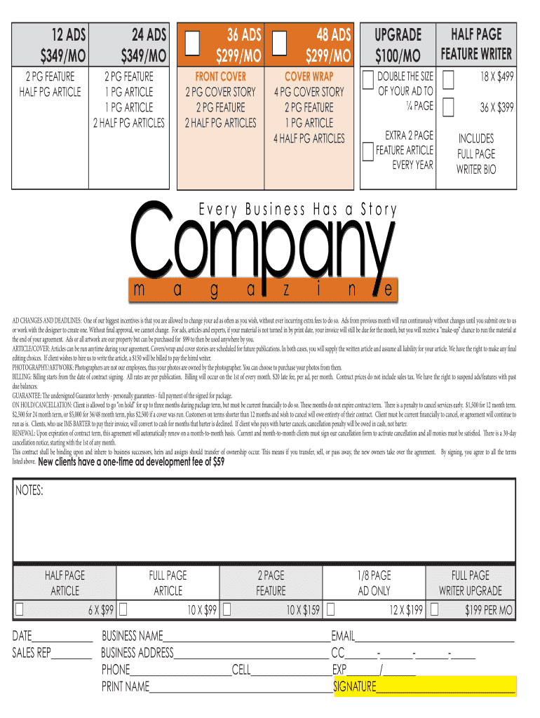 Fillable Online 12 ADS 24 ADS 36 ADS 48 ADS UPGRADE HALF PAGE 349MO 299 ...