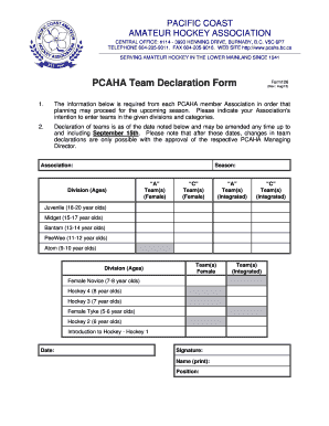 Fillable Online PCAHA Team Declaration Form Fax Email Print - pdfFiller