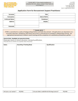 Fillable Online talktostars org Application Form for Bereavement ...
