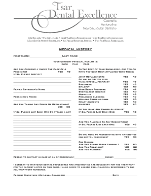 Fillable Online Medical History Form - Tsar Dental Excellence Fax Email ...
